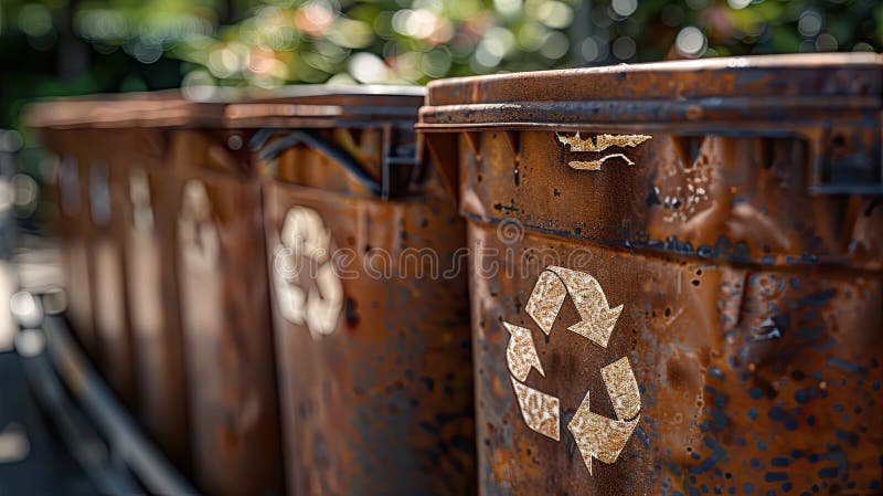 Rusty Recycling Bins Lined Up Outdoors, Promoting Environmental Sustainability and Waste ...