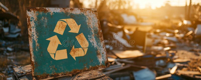 Rusty Recycling Sign in a Junkyard at Sunset, Environmental Awareness ...