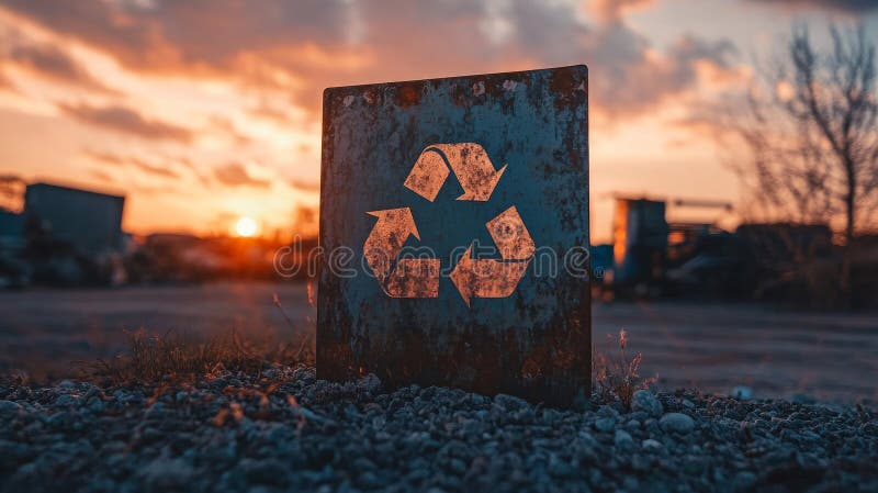 Rusty Recycling Sign at Sunset, Environmental Sustainability Concept ...
