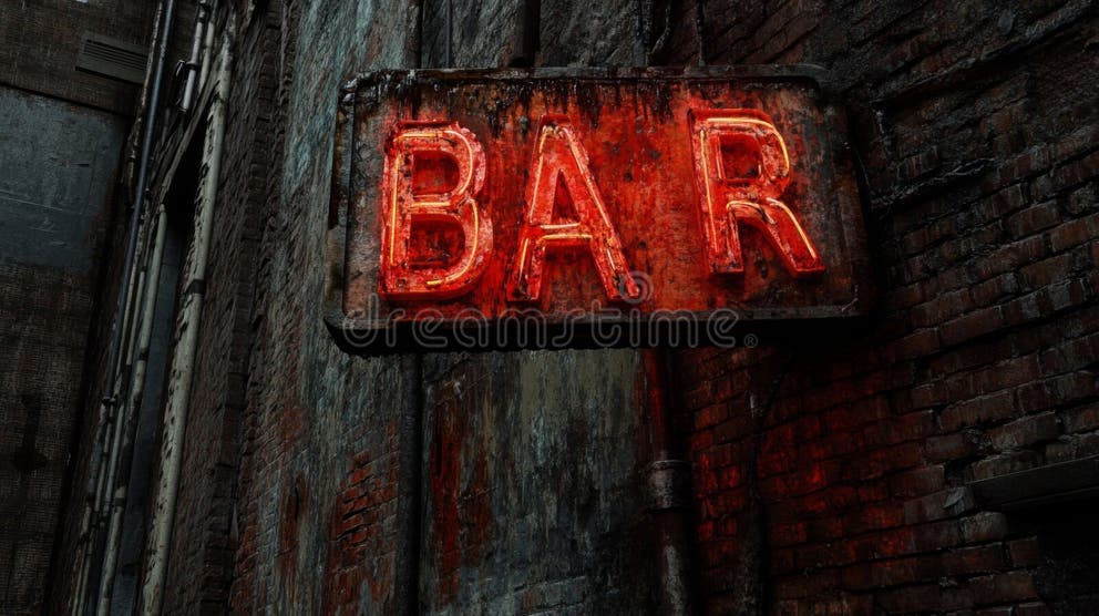 Rusty Red Neon Bar Sign on Brick Wall Stock Illustration - Illustration ...