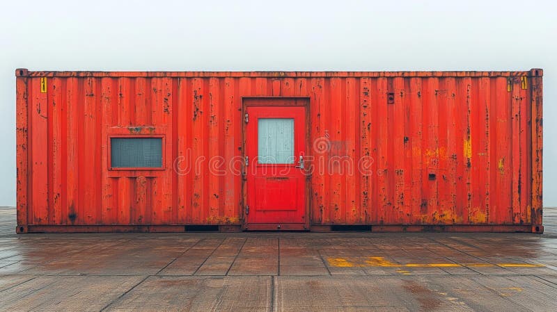 Rusty Red Shipping Container with Window and Door on Industrial ...