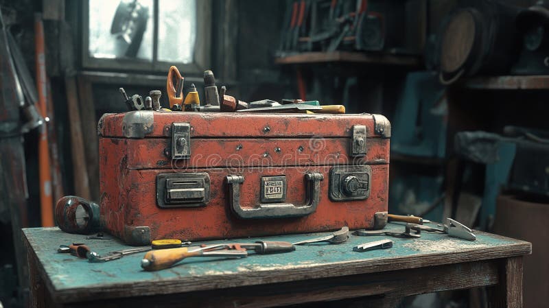 Rusty Red Toolbox Overflowing with Tools on Workbench in Workshop Stock ...