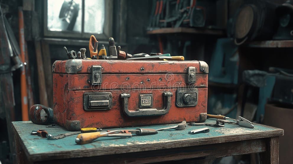 Rusty Red Toolbox Overflowing with Tools on Workbench in Workshop Stock ...