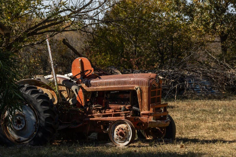 Rusty Red Tractor without a Tire Stock Photo - Image of agriculture ...