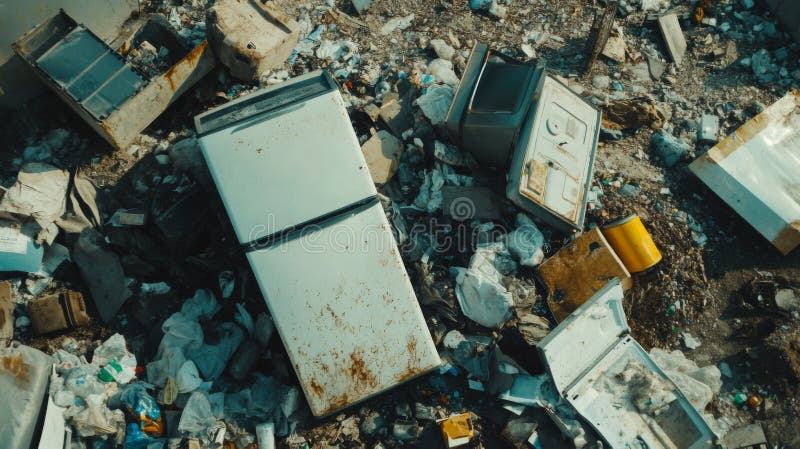 A Rusty Refrigerator among Discarded Trash in a Dump Stock Illustration ...