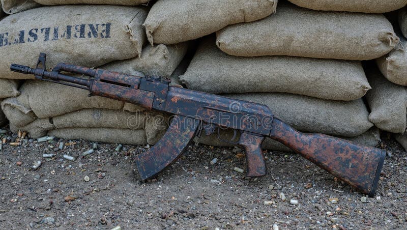Rusty Rifle on Sandbags with Moss Covered Barrel and Scattered Casings ...