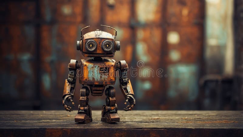 A Rusty Robot Stands in Front of a Rusty Metal Wall. Stock Image ...