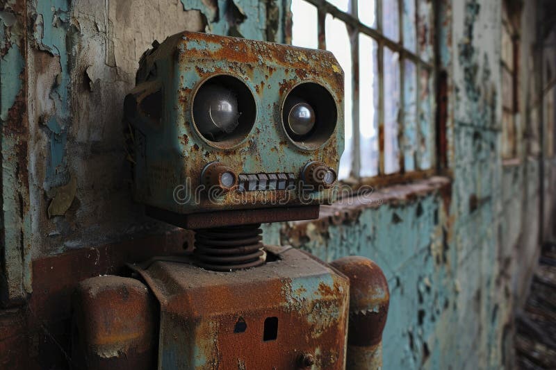 A Rusty Robot Stands Stoically in Front of a Window with Metal Bars, an ...