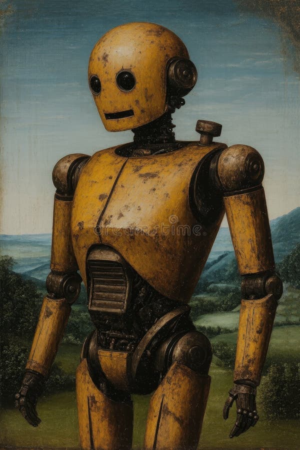 Rusty Robot Stands in Tranquil Landscape with Rolling Hills and Clear ...