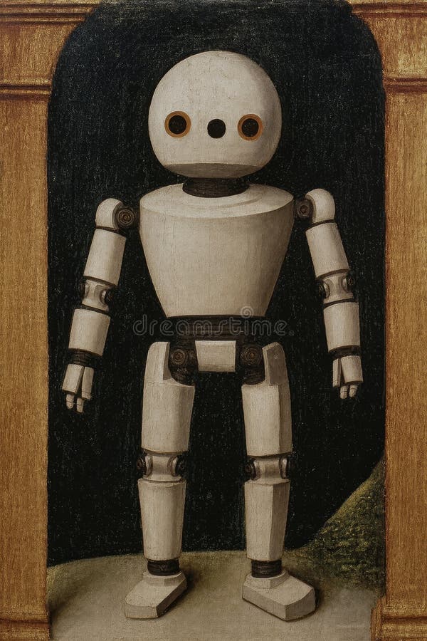 Rusty Robot Stands in Tranquil Landscape with Rolling Hills and Clear ...