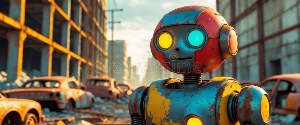 Rusty Robot Stands in Urban Decayed Cityscape Stock Photo - Image of ...