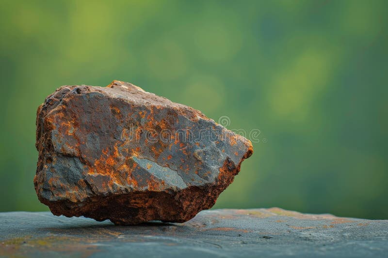 Rusty Rock on a Smooth Surface with a Blurred Green Background Stock ...