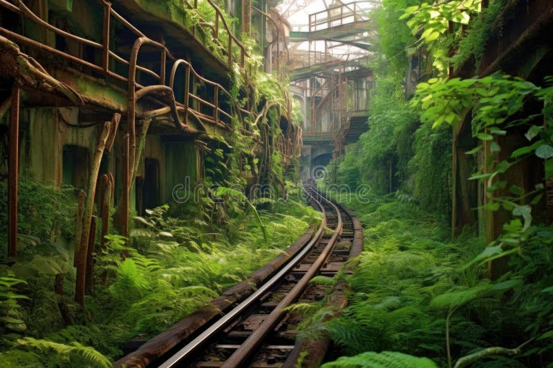 Rusty Roller Coaster Tracks Overgrown with Plants Stock Illustration ...