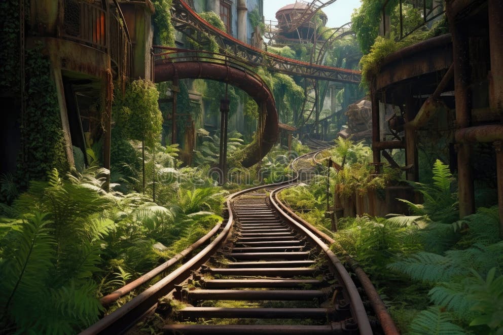Rusty Roller Coaster Tracks Overgrown with Plants Stock Illustration ...