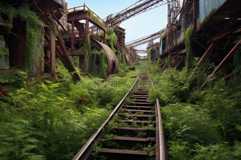 Rusty Roller Coaster Tracks Overgrown with Plants Stock Illustration ...
