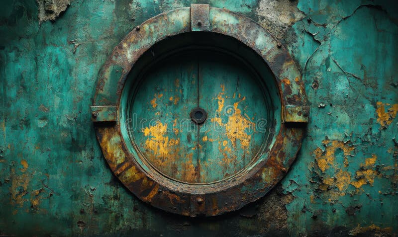 Rusty Round Hatch on Textured Teal Wall in Abandoned Space Stock Photo ...