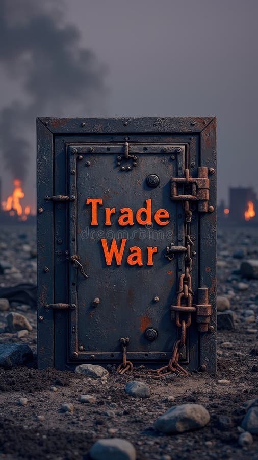 Rusty Safe Door in Desolate Landscape Symbolizing Trade War Tension ...
