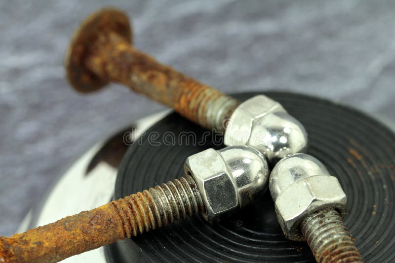 Rusty Screws with Hat Nut Made of Chrome Stock Photo - Image of closeup ...