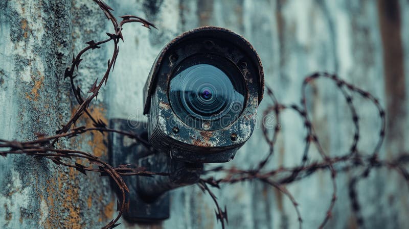 Rusty Security Camera with Barbed Wire Fence. Stock Image - Image of ...