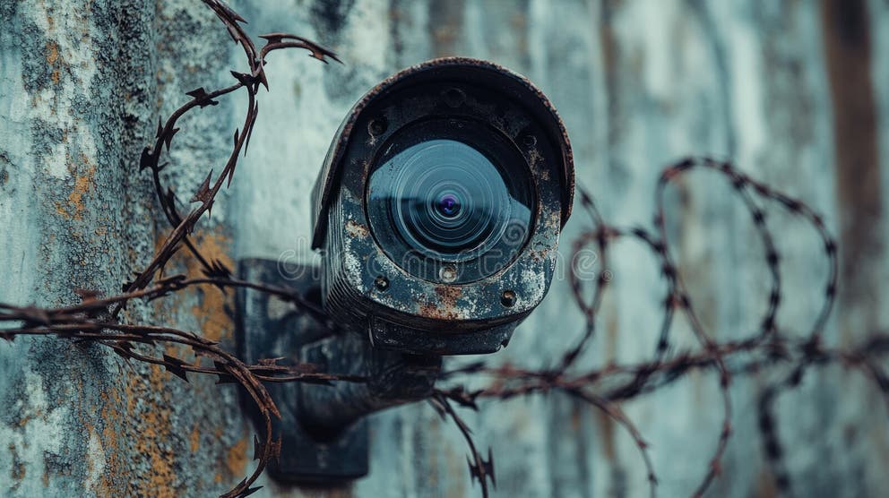 Rusty Security Camera with Barbed Wire Fence. Stock Image - Image of ...