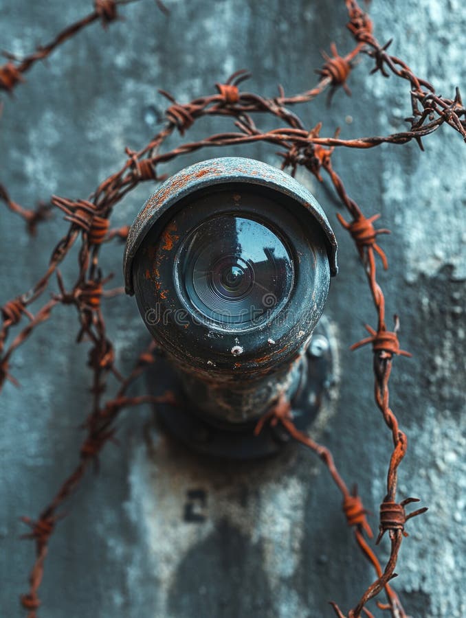 Rusty Security Camera Surrounded by Barbed Wire. Stock Image - Image of ...