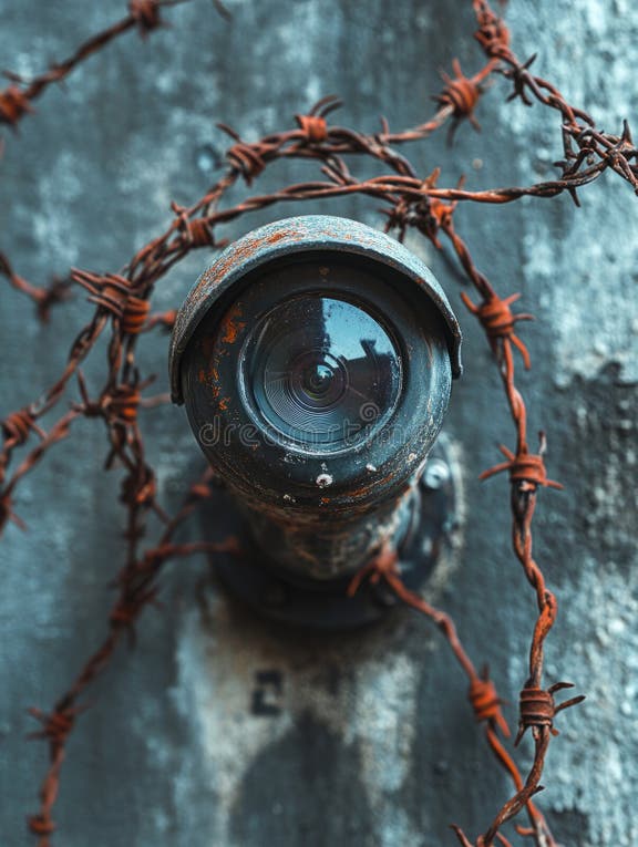 Rusty Security Camera Surrounded by Barbed Wire. Stock Image - Image of ...
