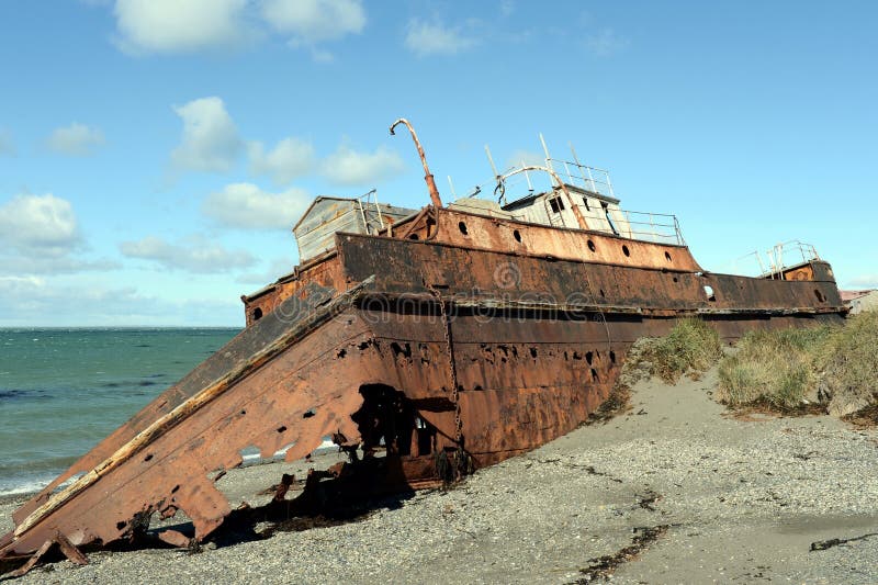 Rusty Ship on the Shore of the Strait of Magellan in the Village of San ...