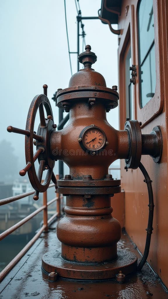Rusty Ship Valve Amidst Foggy Background on a Weathered Deck Stock ...