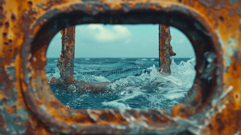 Rusty Ship Window Framing Ocean Waves Splashing on Metal Bars Stock ...