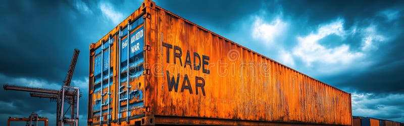 Rusty Shipping Container with "trade War" Text Under Dramatic Sky at ...