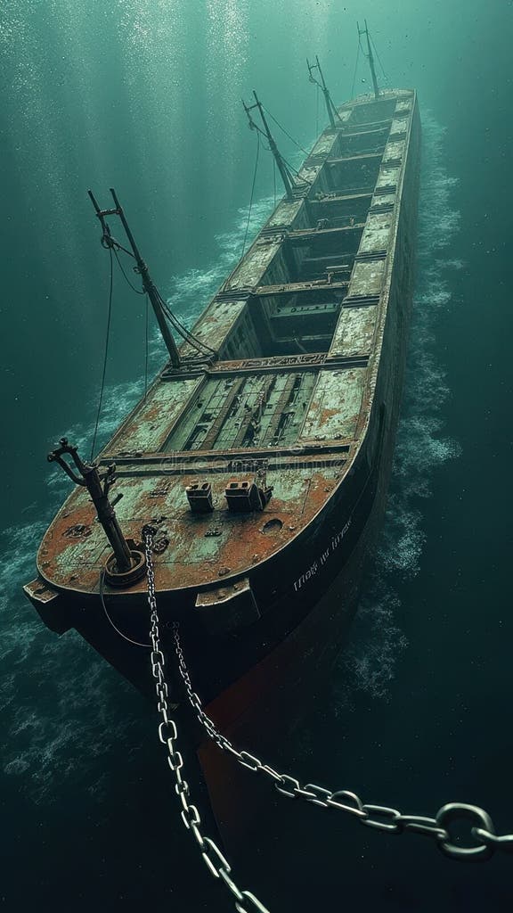 Rusty Shipwreck in Deep Ocean Waters with Chains and Marine Life Stock ...
