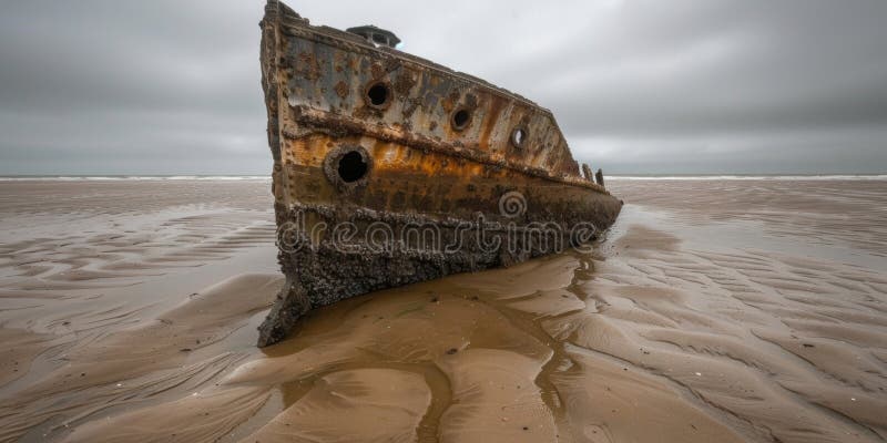 Rusty Shipwreck on a Desolate Beach Under a Cloudy Sky, Revealing the ...
