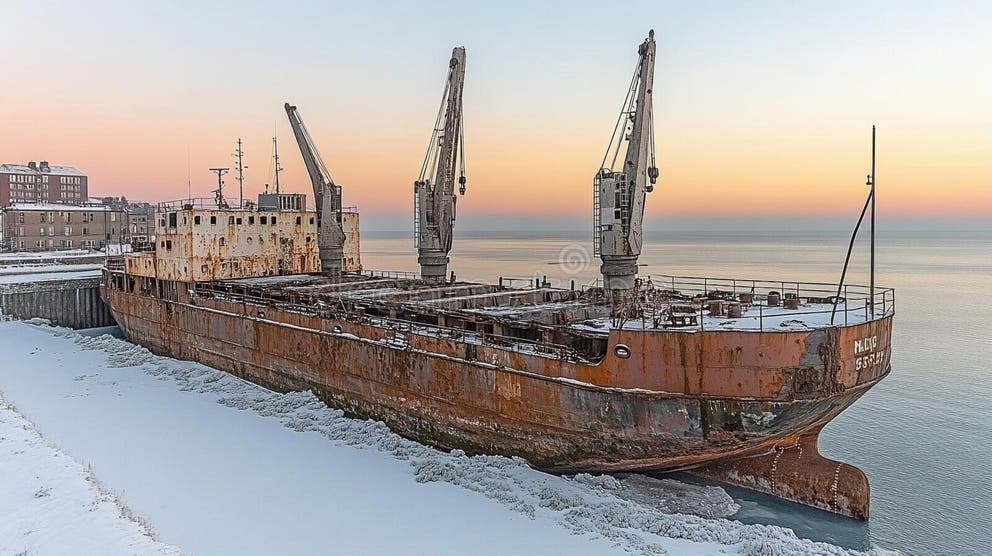 Rusty Shipwreck on Icy Shore at Sunrise Stock Illustration - Illustration of dock, decay: 364058830
