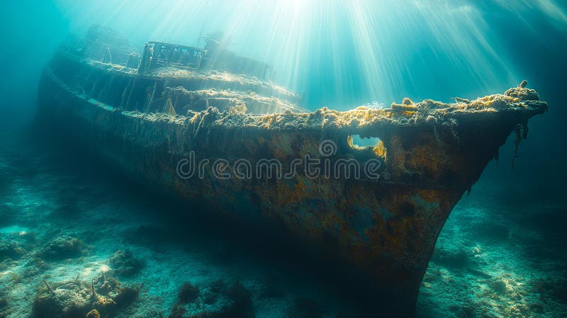 A Rusty Shipwreck in the Ocean with Sunlight Shining through the Water ...