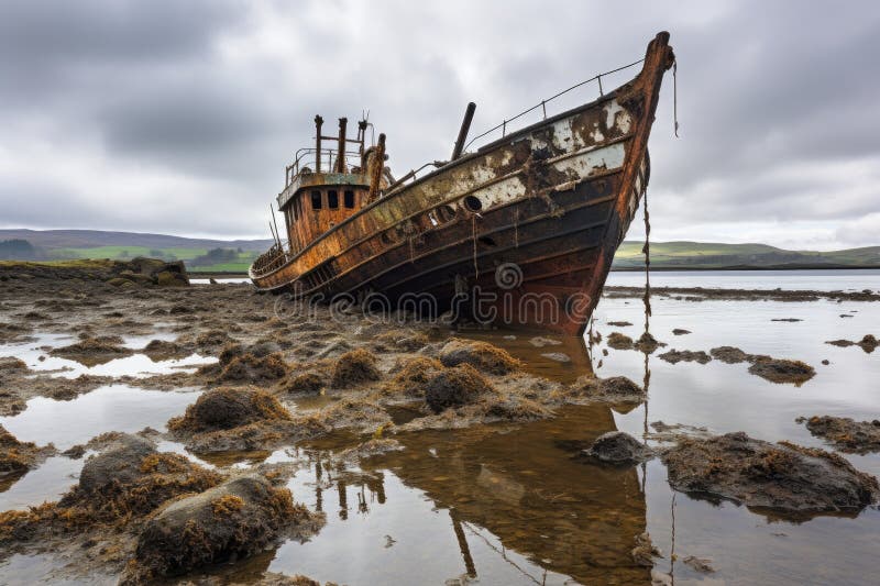 A Rusty Shipwreck Protruding from the Water at Low Tide Stock Image ...