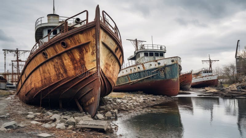 Rusty Shipyard with Decaying Boats, Echoes of Maritime History Stock ...