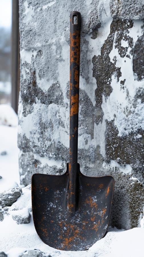 A Rusty Shovel Leaning Against a Stone Wall in the Snow Stock Photo ...