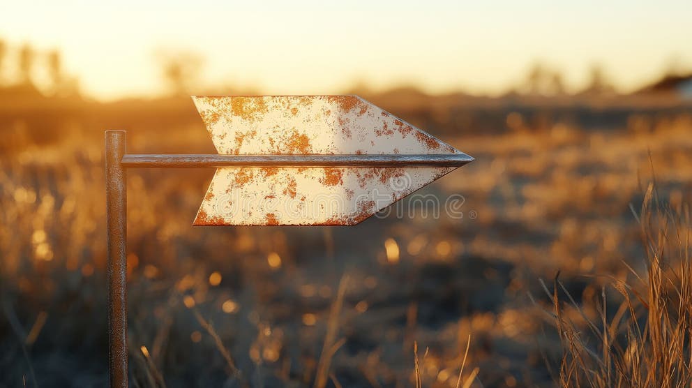 Rusty Sign Arrow Pointing in a Field at Sunset. Stock Image - Image of ...