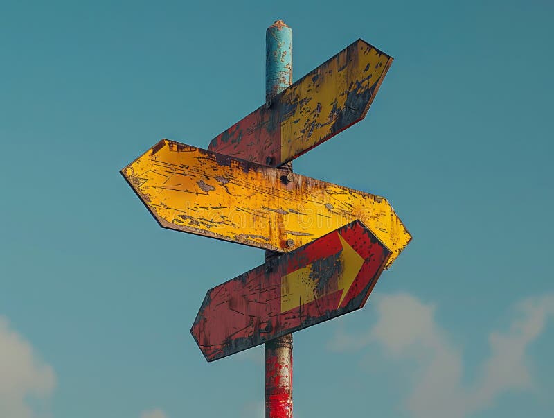 A Rusty Sign with Arrows Pointing in Different Directions Stock Photo ...
