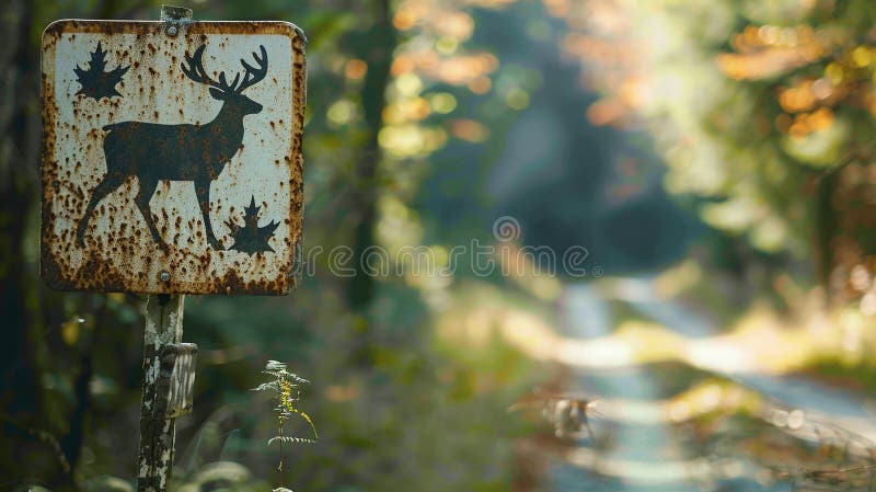 A Rusty Sign with a Deer Silhouette, Warning of Wildlife, Stands by a ...