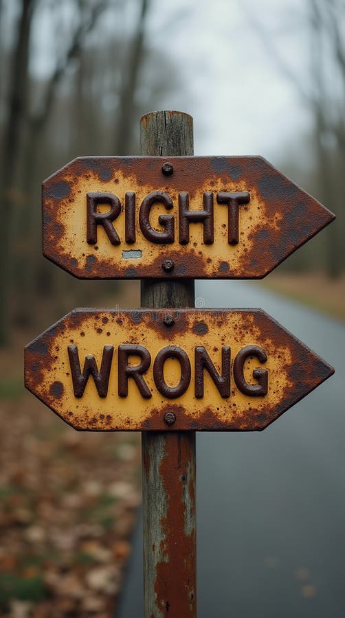Rusty Signs Showing Right and Wrong Directions in a Forest Stock ...