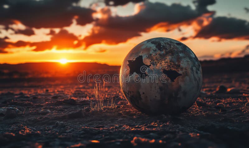 Rusty Sphere Against Sunset Sky, Cracked Surface, Dramatic Lighting ...