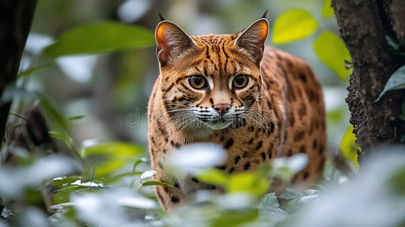 Rusty-spotted Cat Stalking through Jungle Underbrush, Its Spotted Coat ...