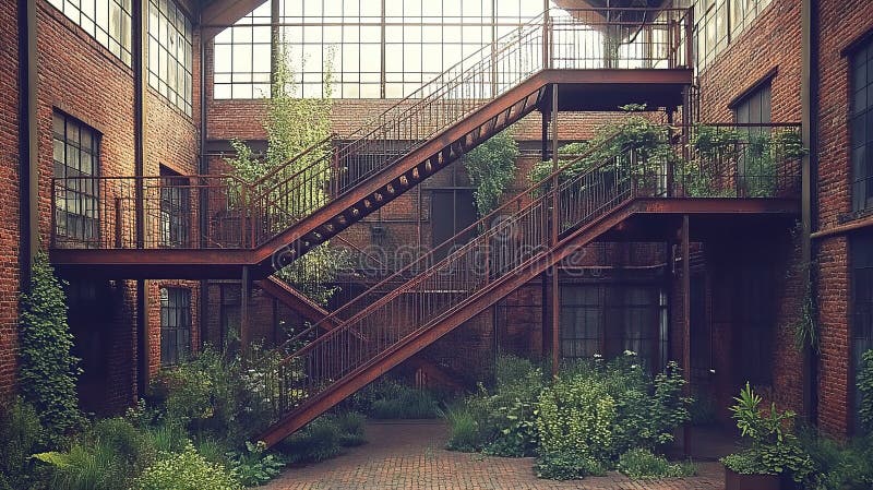 Rusty Stairs, Atrium, Plants, Brick Building, Urban Oasis, Industrial ...