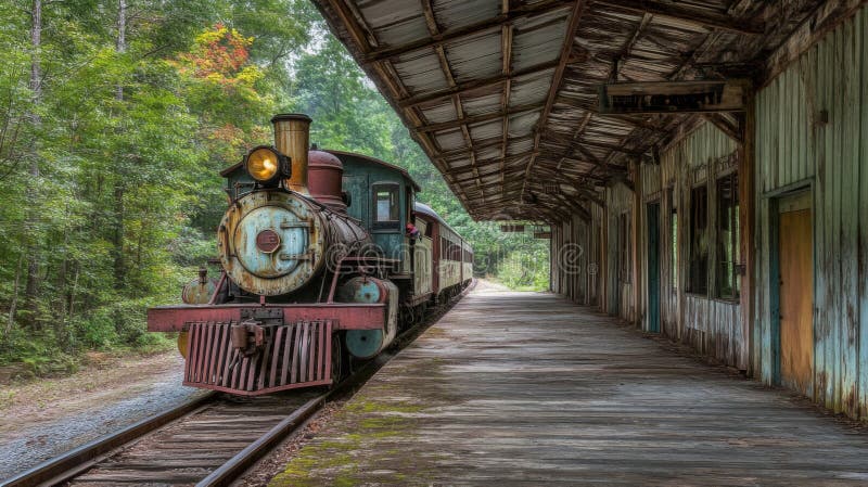 Rusty Steam Locomotive at an Abandoned Train Station Stock Illustration ...