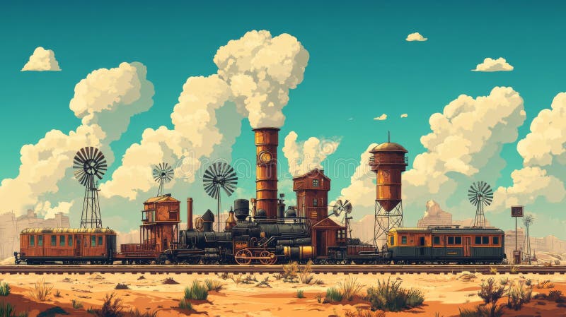Rusty Steam Train in a Pixel Art Desert Landscape Stock Illustration ...