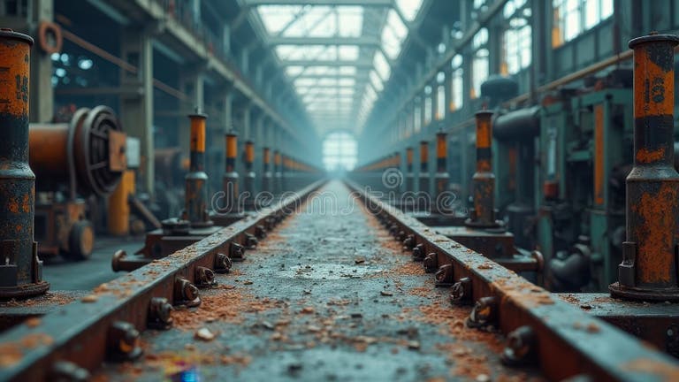 Rusty Steel Rails in Abandoned Industrial Warehouse Stock Photo - Image ...