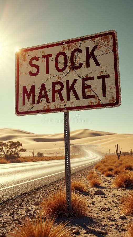 Rusty Stock Market Sign in Desert Landscape with Sunlit Dunes and Cacti ...