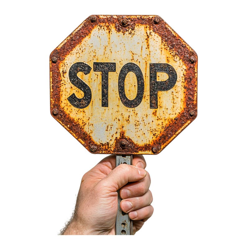 Rusty Stop Sign Held in Hand Against a Transparent Background Stock ...