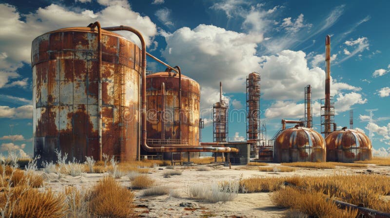 Rusty Storage Tanks and Complex Pipelines in an Expansive Industrial ...